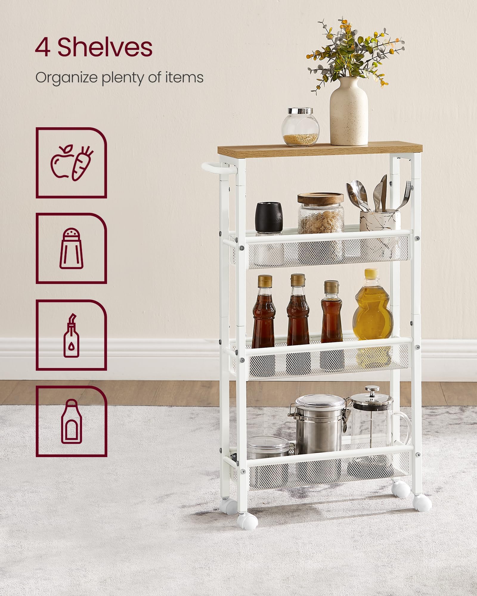 VASAGLE Slim Rolling Cart, 4-Tier Storage Cart, Narrow Cart with Handle, 5.1 Inches Deep, Metal Frame, for Kitchen, Dining Room, Living Room, Home Office, Oak Beige and Classic White ULRC032W09