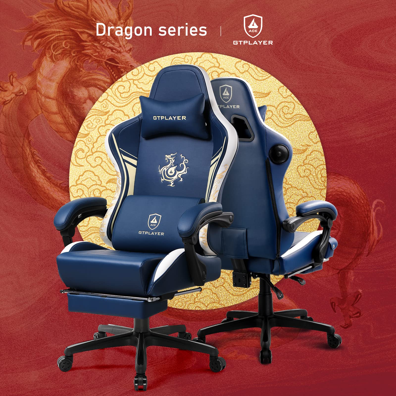 GTPLAYER Gaming Chair with Bluetooth Speakers and Footrest, Dragon Series Video Game Chair ,Heavy Duty, Ergonomic, Esports Computer Office Chair Blue (Royal Blue)