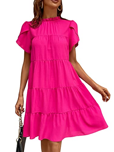 Verdusa Women's Tie Back Petal Sleeve Mock Neck Ruffle Hem A Line Swing Smock Dress Hot Pink L