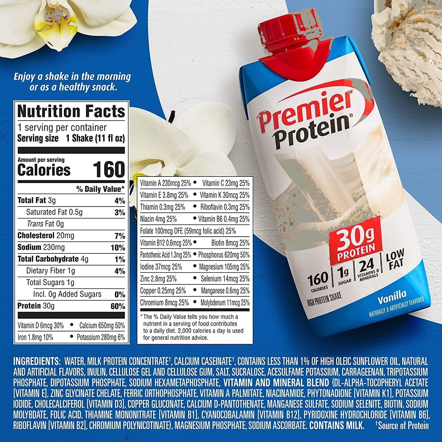 Premier High Protien Shakes Variety Sampler Pack, 11 Fl. Oz Each - Cafe Latte, Chocolate, Vanilla, Caramel, Cake Batter, Chocolate Peanut Butter - 2 of Each Flavor (12 Pack) in The Award Box