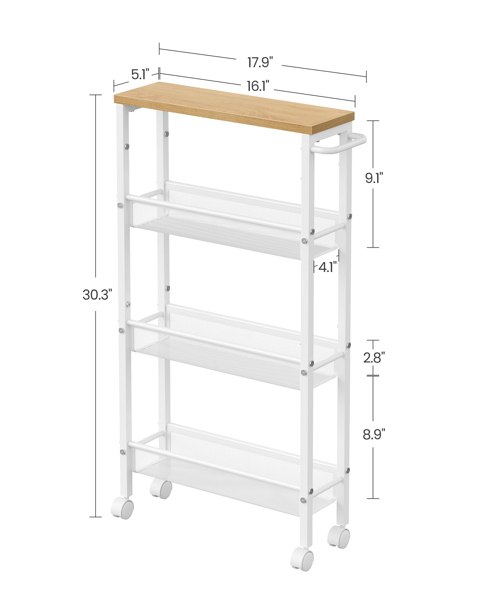 VASAGLE Slim Rolling Cart, 4-Tier Storage Cart, Narrow Cart with Handle, 5.1 Inches Deep, Metal Frame, for Kitchen, Dining Room, Living Room, Home Office, Oak Beige and Classic White ULRC032W09