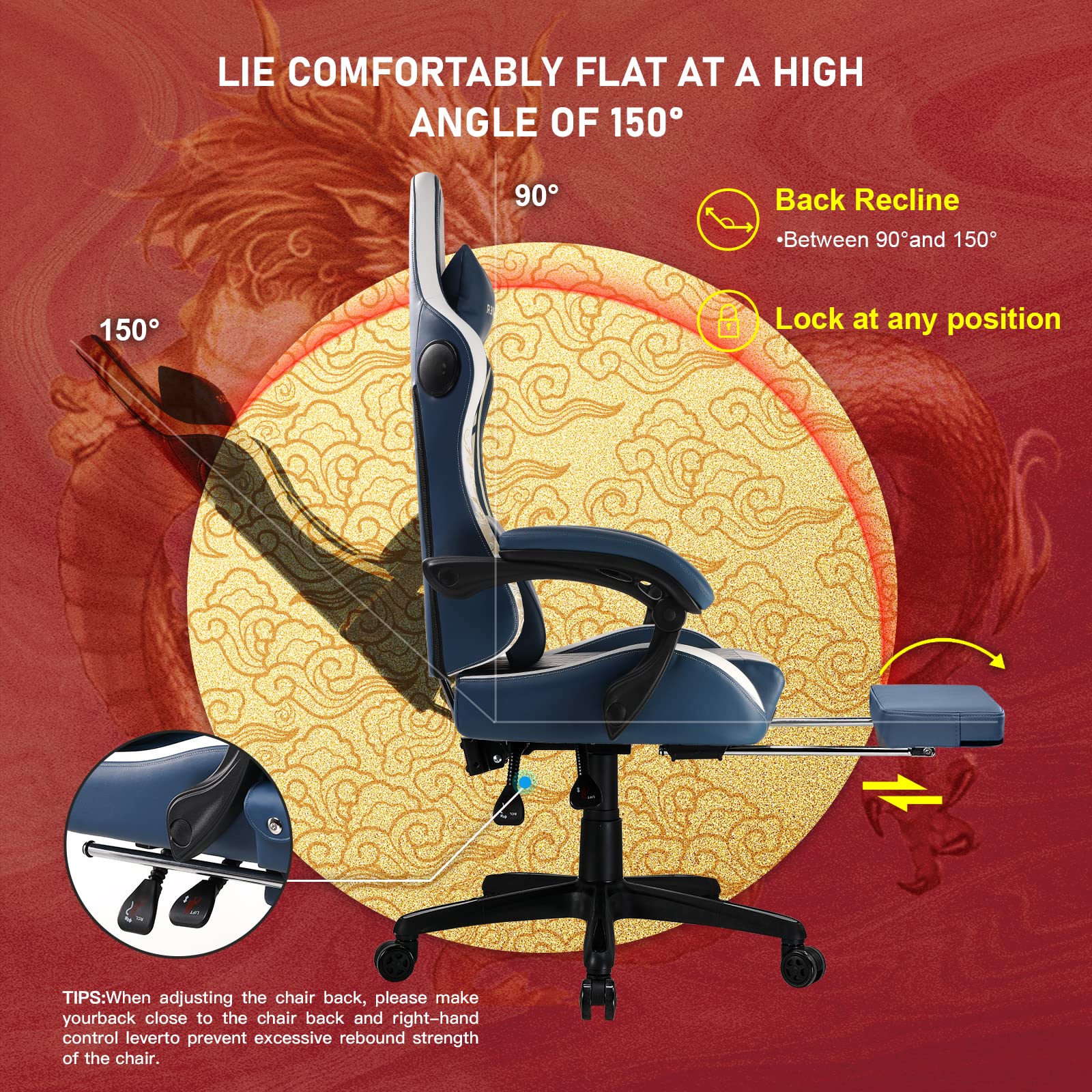 GTPLAYER Gaming Chair with Bluetooth Speakers and Footrest, Dragon Series Video Game Chair ,Heavy Duty, Ergonomic, Esports Computer Office Chair Blue (Royal Blue)