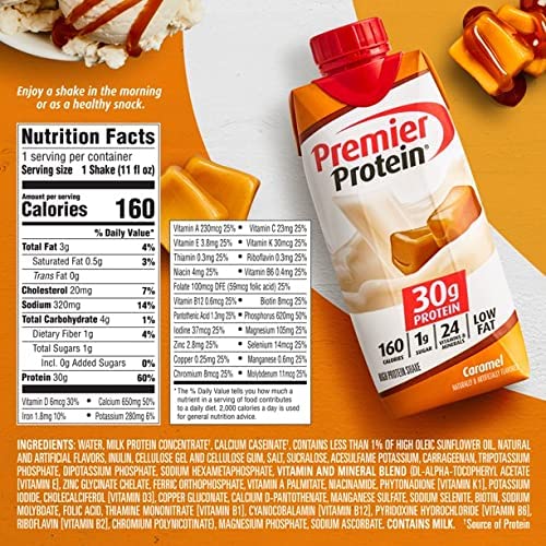 Premier High Protien Shakes Variety Sampler Pack, 11 Fl. Oz Each - Cafe Latte, Chocolate, Vanilla, Caramel, Cake Batter, Chocolate Peanut Butter - 2 of Each Flavor (12 Pack) in The Award Box