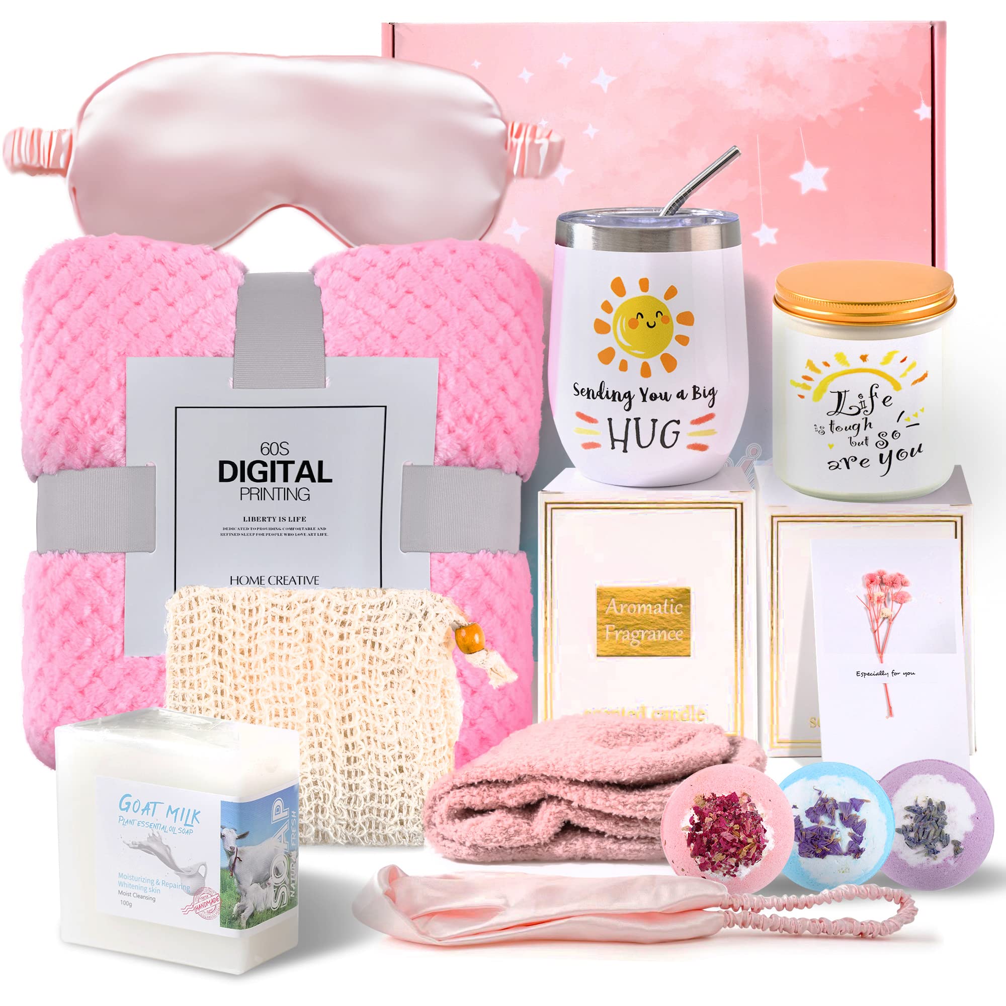 Get Well Soon Gifts for Women, 12Pcs Care Package Feel Better Basket After Surgery, Thinking of You Gift Basket for Best Friend, Birthday Gifts Box with Inspirational Blanket Candle for Women