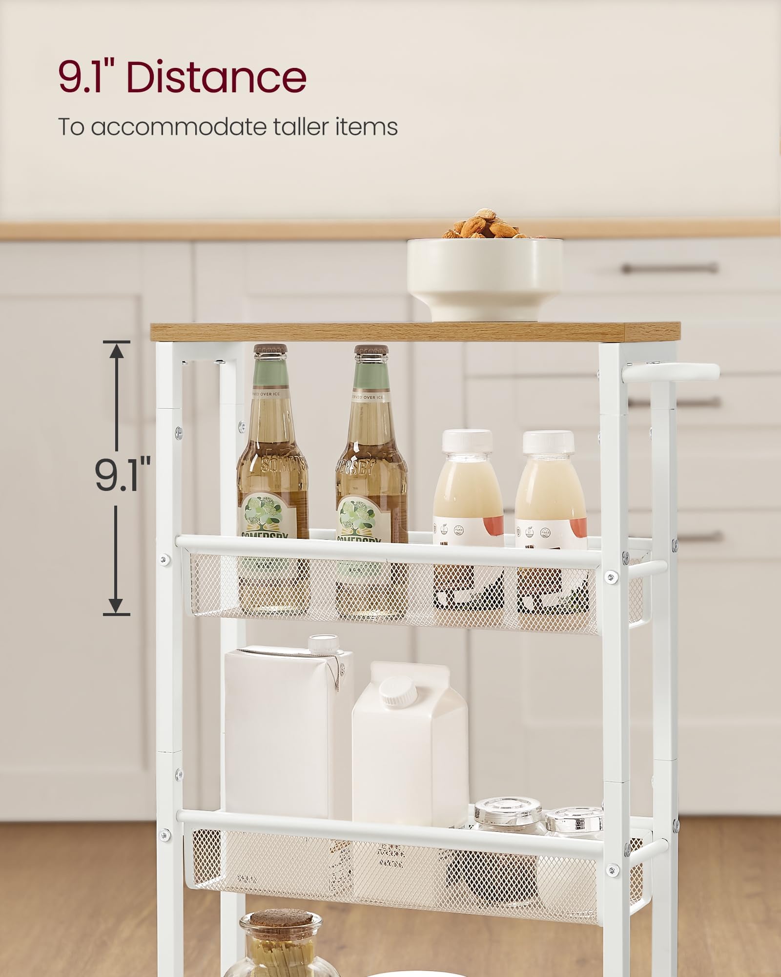 VASAGLE Slim Rolling Cart, 4-Tier Storage Cart, Narrow Cart with Handle, 5.1 Inches Deep, Metal Frame, for Kitchen, Dining Room, Living Room, Home Office, Oak Beige and Classic White ULRC032W09