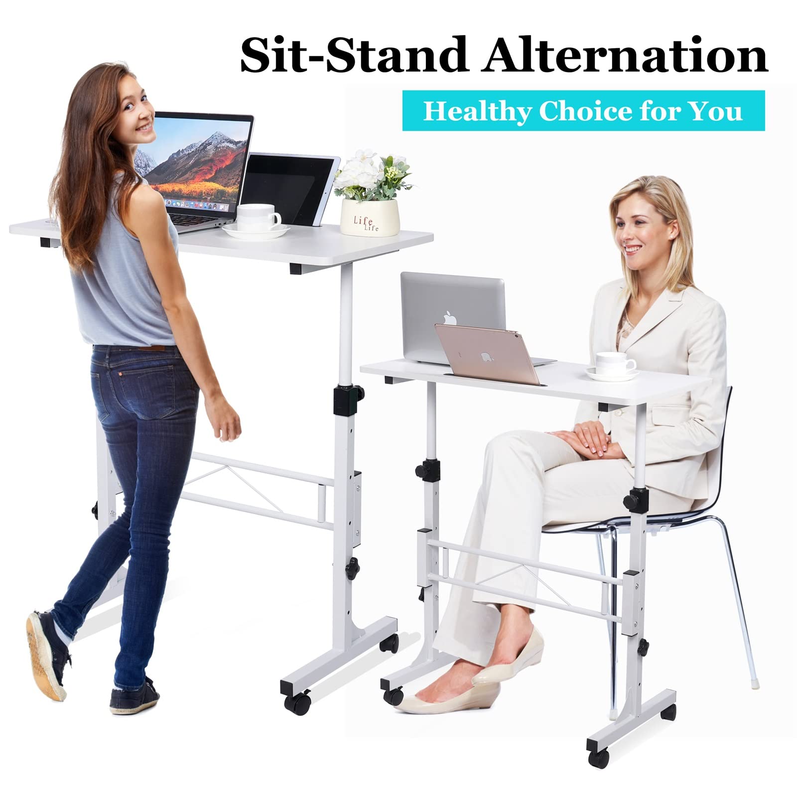 KLSMYHOKI Standing Desk Adjustable Height, Mobile Stand Up Desk with Wheels Small Computer Desk Rolling Desk, Portable Laptop Desk White Standing Table Home Office Desks 16"x31.5" Height 27"-43.5"