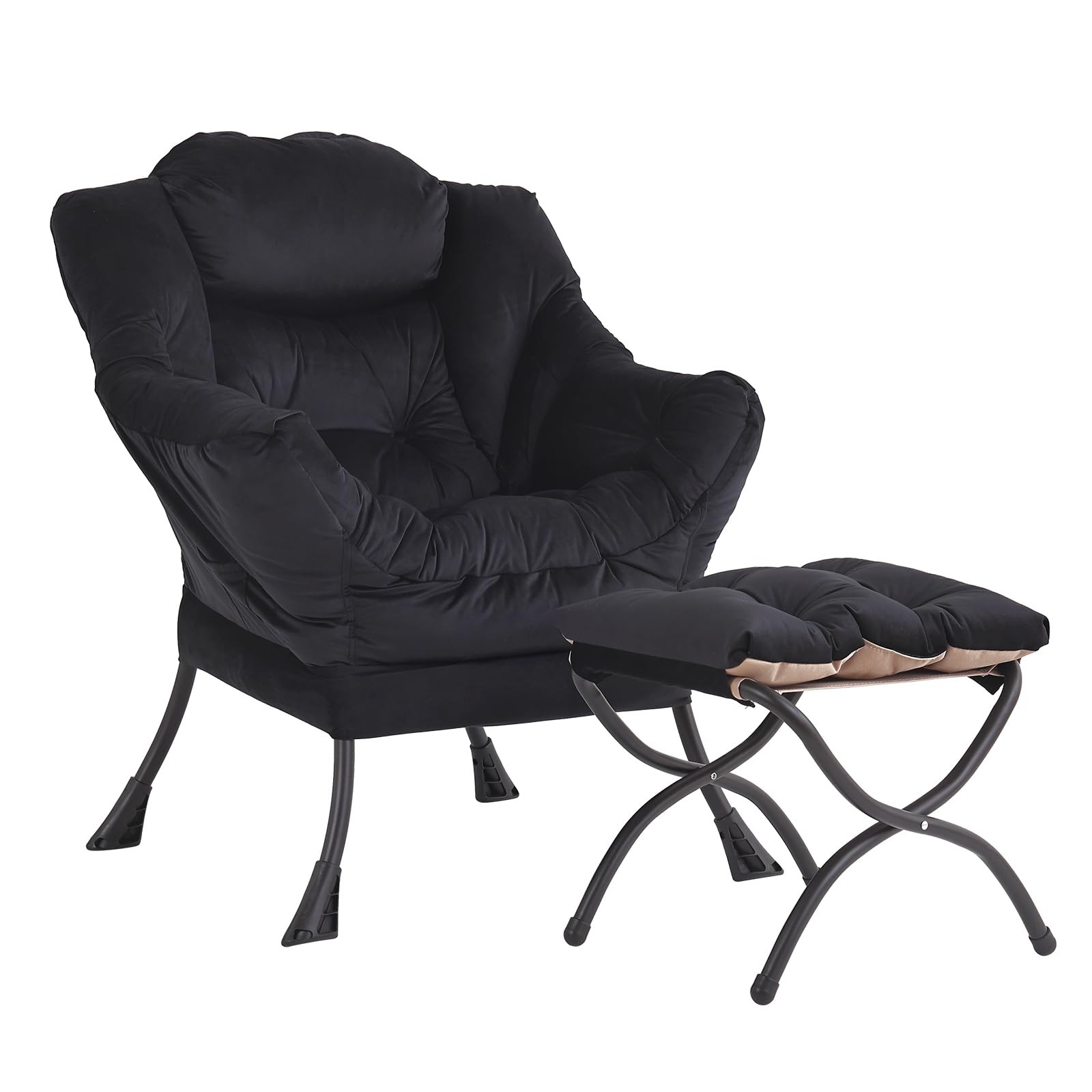 LITA Lazy Chair with Ottoman, Modern Accent Leisure Upholstered Sofa Chair, Contemporary Lounge Reading Chair with Armrests and a Side Pocket for Living Room, Bedroom & Small Space, Black