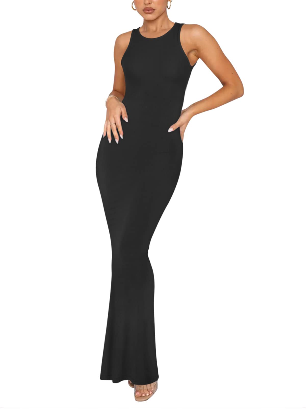 REORIA Women's Summer Sexy Casual Lounge Tank Long Dress Elegant Wedding Guest Sleeveless Halter Neck Bodycon Maxi Dresses Black Medium