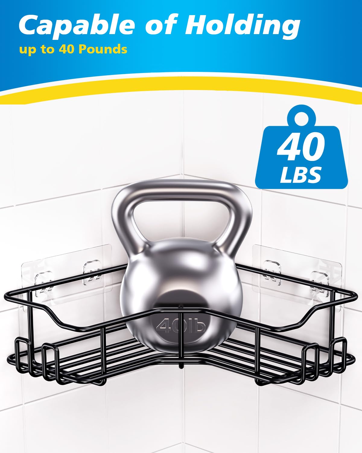 Coraje 2 Pack L-Shape Black Modern, Minimalist Shower Caddy, Adhesive Shower Organizer, Stainless Steel, 40 lbs Capacity