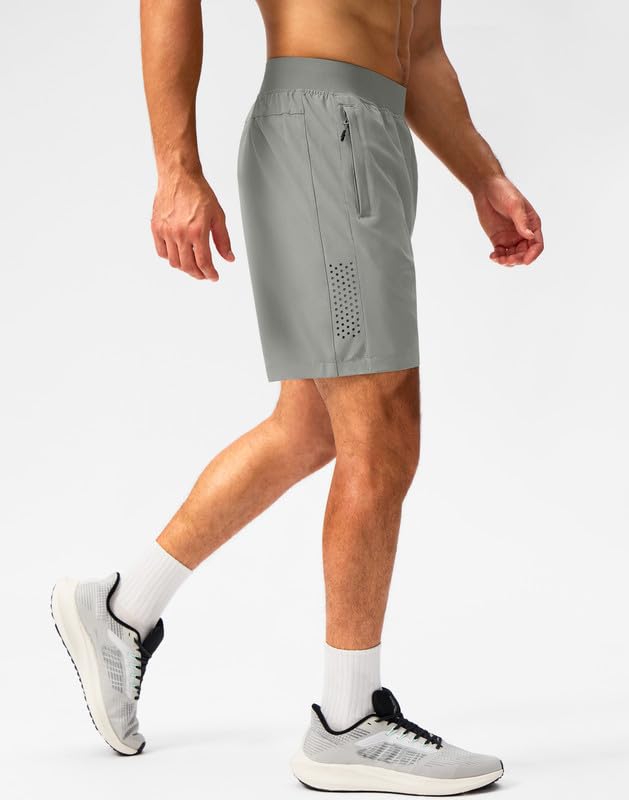 Pudolla Men's Workout Running Shorts with 3 Zipper Pockets Lightweight 7" Gym Shorts for Men Athletic Walking Hiking(Bright Grey Medium)