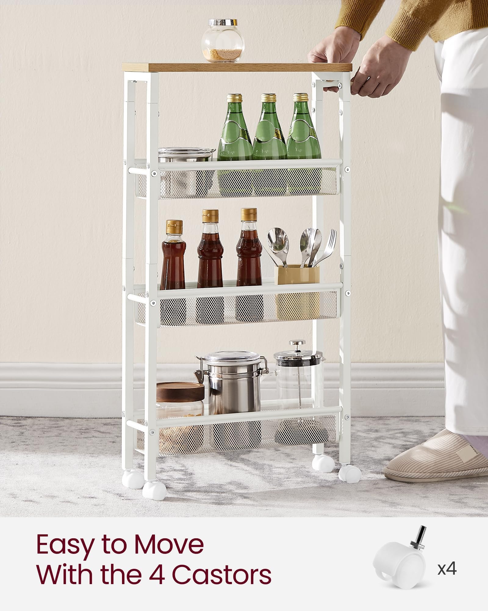 VASAGLE Slim Rolling Cart, 4-Tier Storage Cart, Narrow Cart with Handle, 5.1 Inches Deep, Metal Frame, for Kitchen, Dining Room, Living Room, Home Office, Oak Beige and Classic White ULRC032W09
