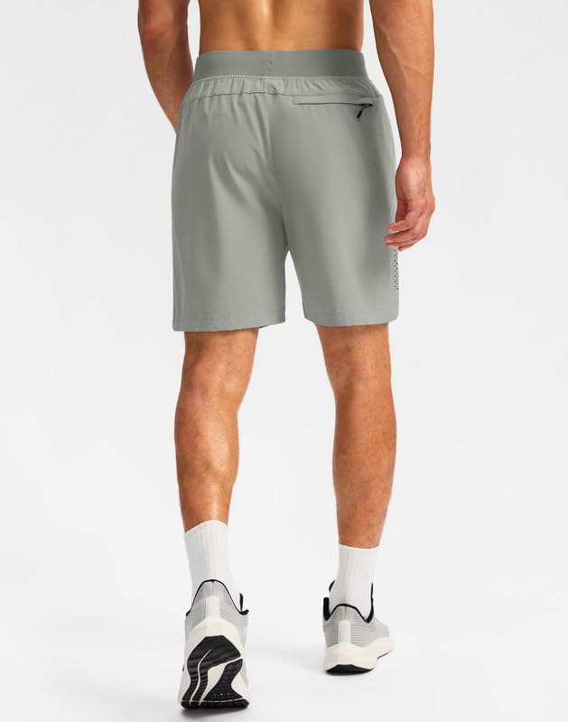 Pudolla Men's Workout Running Shorts with 3 Zipper Pockets Lightweight 7" Gym Shorts for Men Athletic Walking Hiking(Bright Grey Medium)