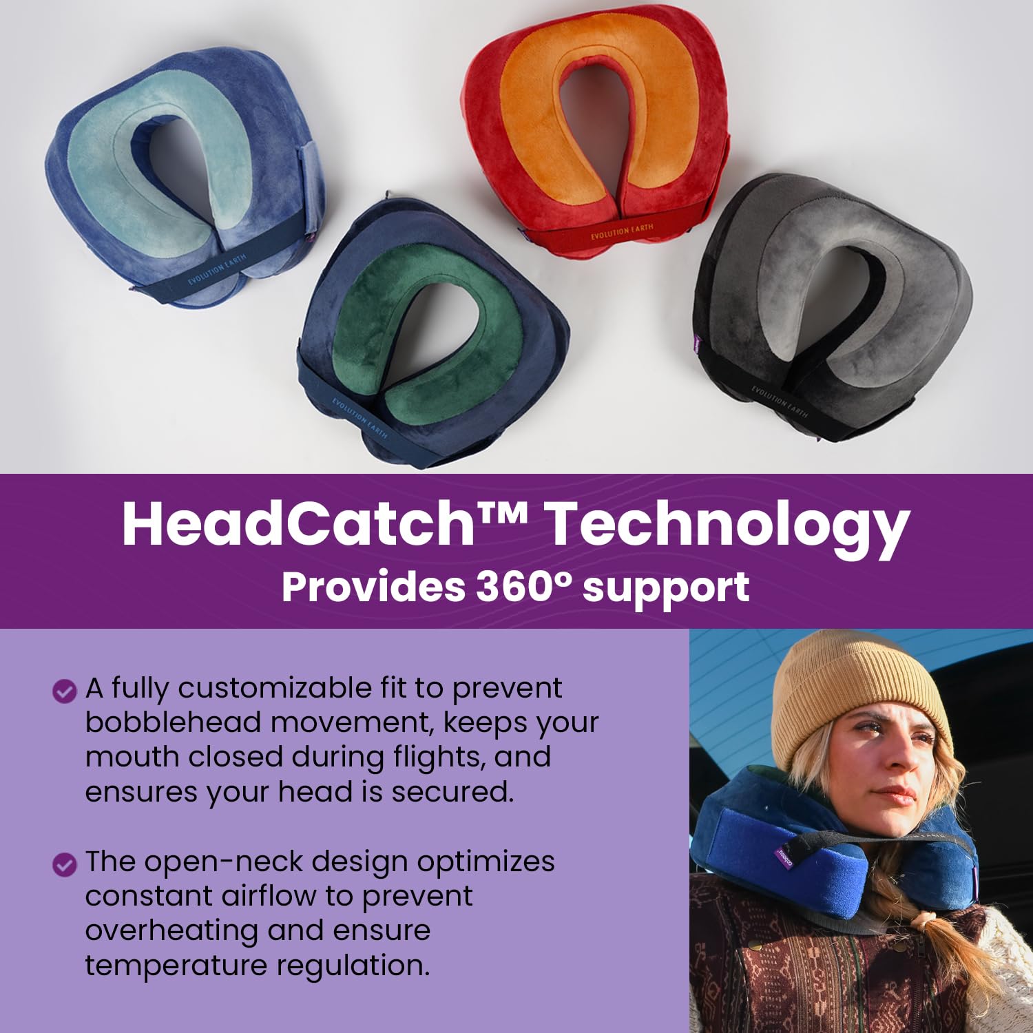 Cabeau Best Neck Pillow for Travel – Evolution Earth – 360° Head, Neck and Chin Support for Sleeping – Sustainable Memory Foam - Removable, Washable Cover with Compact Carrying Case (Water)