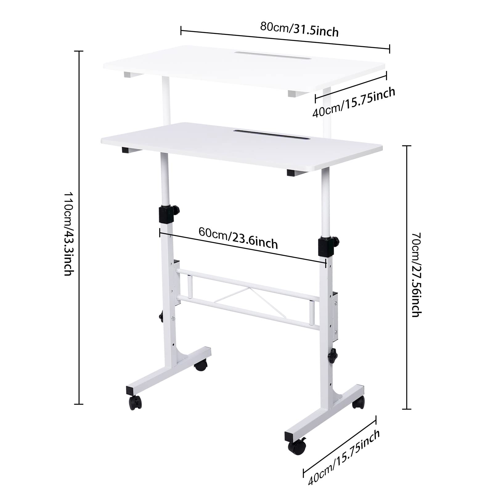 KLSMYHOKI Standing Desk Adjustable Height, Mobile Stand Up Desk with Wheels Small Computer Desk Rolling Desk, Portable Laptop Desk White Standing Table Home Office Desks 16"x31.5" Height 27"-43.5"