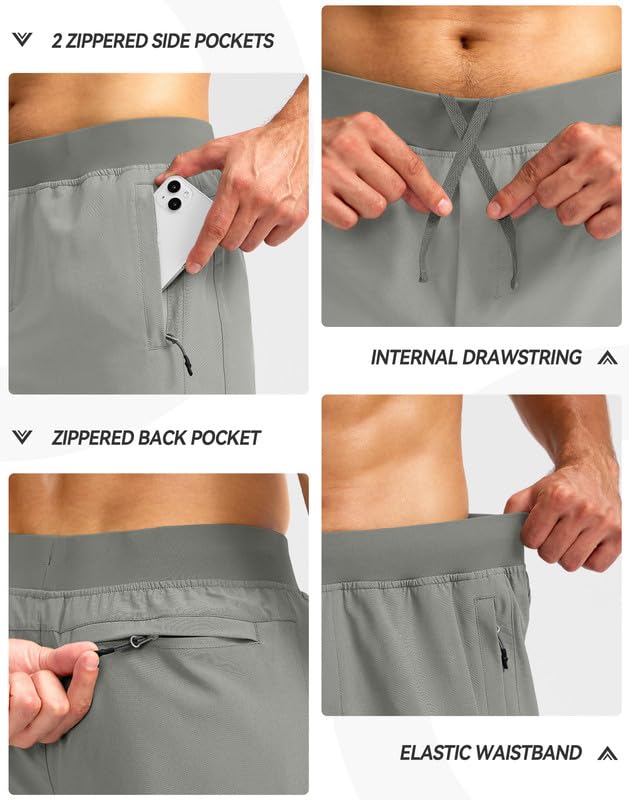 Pudolla Men's Workout Running Shorts with 3 Zipper Pockets Lightweight 7" Gym Shorts for Men Athletic Walking Hiking(Bright Grey Medium)