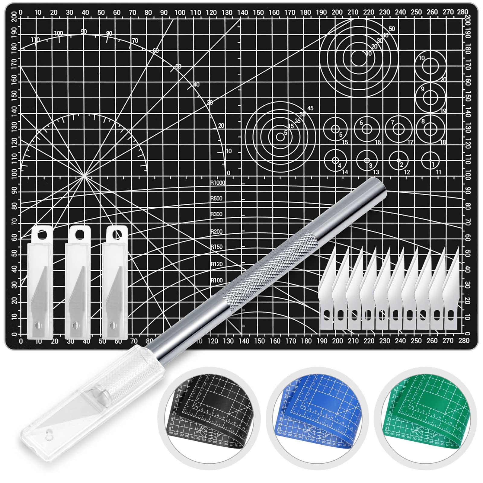 Anezus Exacto Knife with Hobby Mat for Crafts, Self Healing Cutting Mat Hobby Knife with 30 PCS Exacto Blades Precision Knife for Art and Crafts Paper Scrapbooking Stencil (Black)