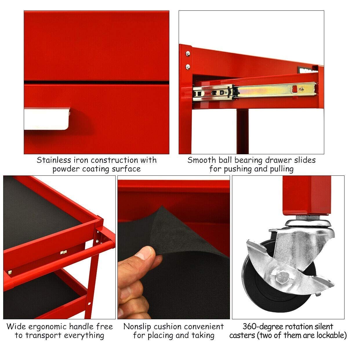 ERGOMASTER Metal Service Utility Cart with Wheels - 500LBS Tool Cart Heavy Duty Rolling 3-Tier Storage Organizer, for Garage Industrial Cart (Red)