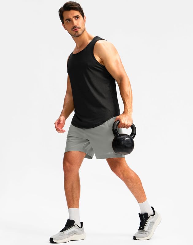 Pudolla Men's Workout Running Shorts with 3 Zipper Pockets Lightweight 7" Gym Shorts for Men Athletic Walking Hiking(Bright Grey Medium)