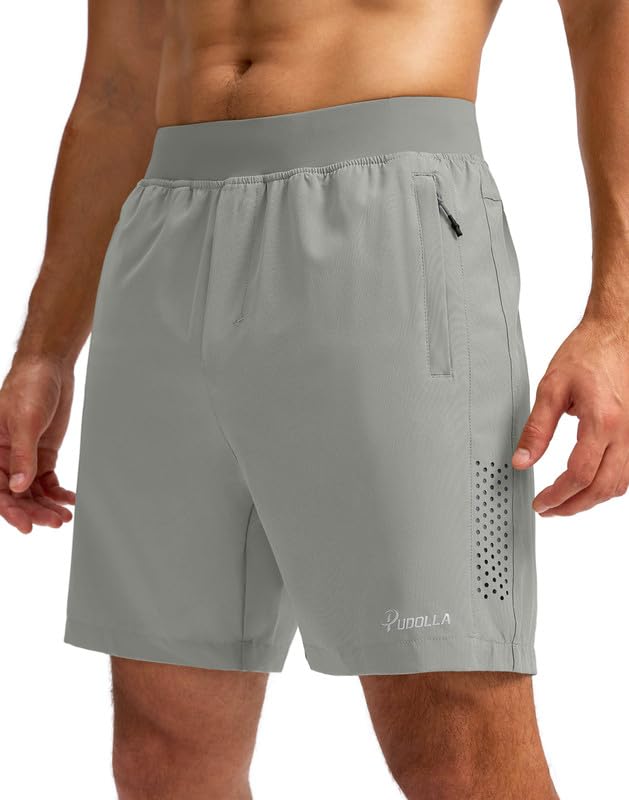 Pudolla Men's Workout Running Shorts with 3 Zipper Pockets Lightweight 7" Gym Shorts for Men Athletic Walking Hiking(Bright Grey Medium)