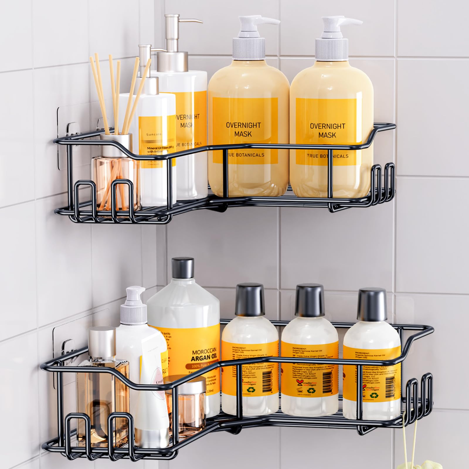 Coraje 2 Pack L-Shape Black Modern, Minimalist Shower Caddy, Adhesive Shower Organizer, Stainless Steel, 40 lbs Capacity