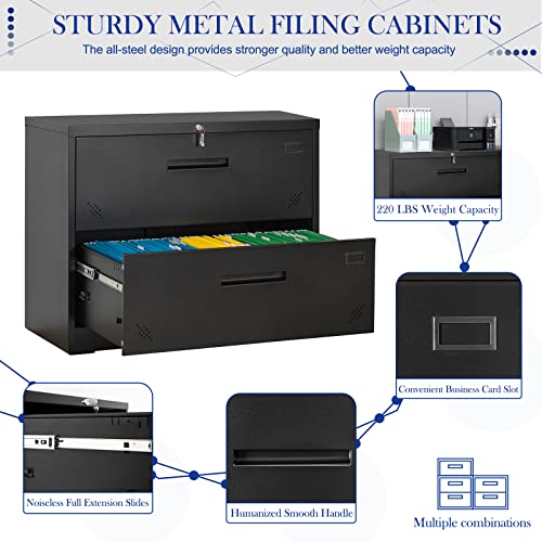 2 Drawer Lateral File Cabinet for Home Office, Filing Cabinets with Lock, Solid Stainless Steel Metal Storage Cabinet for Hanging Legal/Letter/F4/A4 Size Files, Assembly Required (Black)