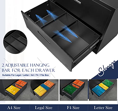 2 Drawer Lateral File Cabinet for Home Office, Filing Cabinets with Lock, Solid Stainless Steel Metal Storage Cabinet for Hanging Legal/Letter/F4/A4 Size Files, Assembly Required (Black)