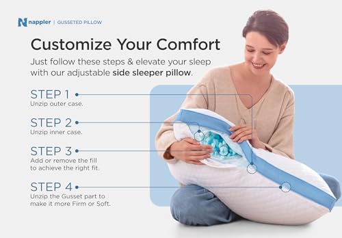 Nappler Side and Back Sleeper Pillow for Neck and Shoulder Pain Relief - Shredded Memory Foam Bed Pillow for Sleeping - 100% Adjustable Fill - King Size - Modal Washable Case. Extra Fill Included