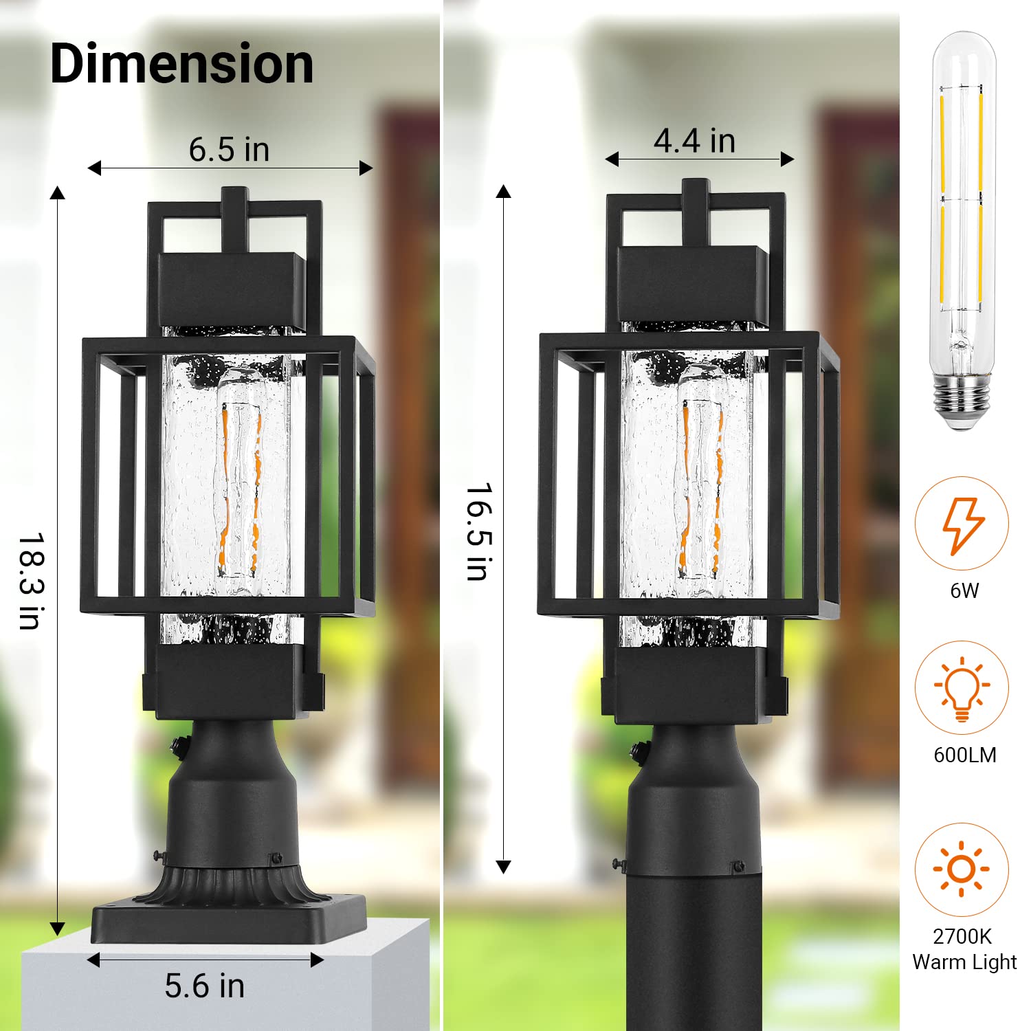 18" H Dusk to Dawn Outdoor Post Light Fixture Hardwired 120V, Waterproof Aluminum Pole Light with Pier Mount Base, Matte Black Exterior Lamp Post Lantern with Water Glass for Garden Yard Patio Path