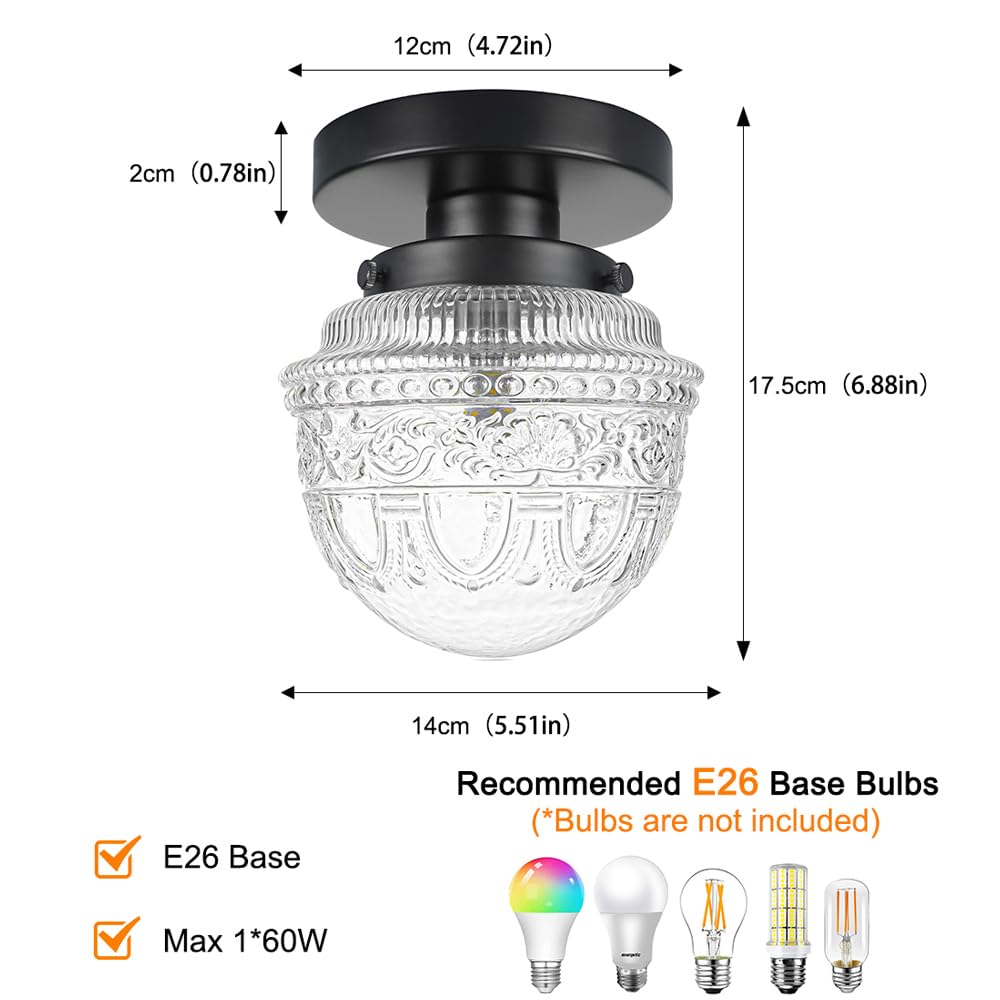 DSMJFU Black Semi Flush Mount Ceiling Light, Small Hallway Light Fixture, Vintage Close to Ceiling Light Fixture for Bathroom, Entryway, Foyer, Closet
