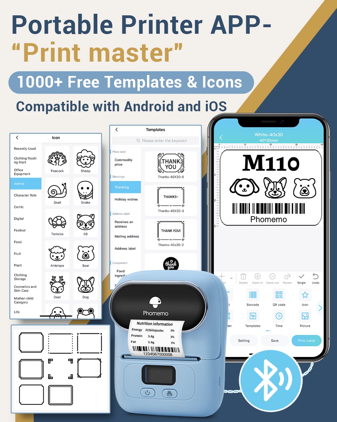 Phomemo Barcode Label Printer- M110 Label Maker Portable Bluetooth Label Maker Machine for Small Business, Barcode, Address, Logo, Clothing, Jerwery, Compatible with iOS & Android, Blue