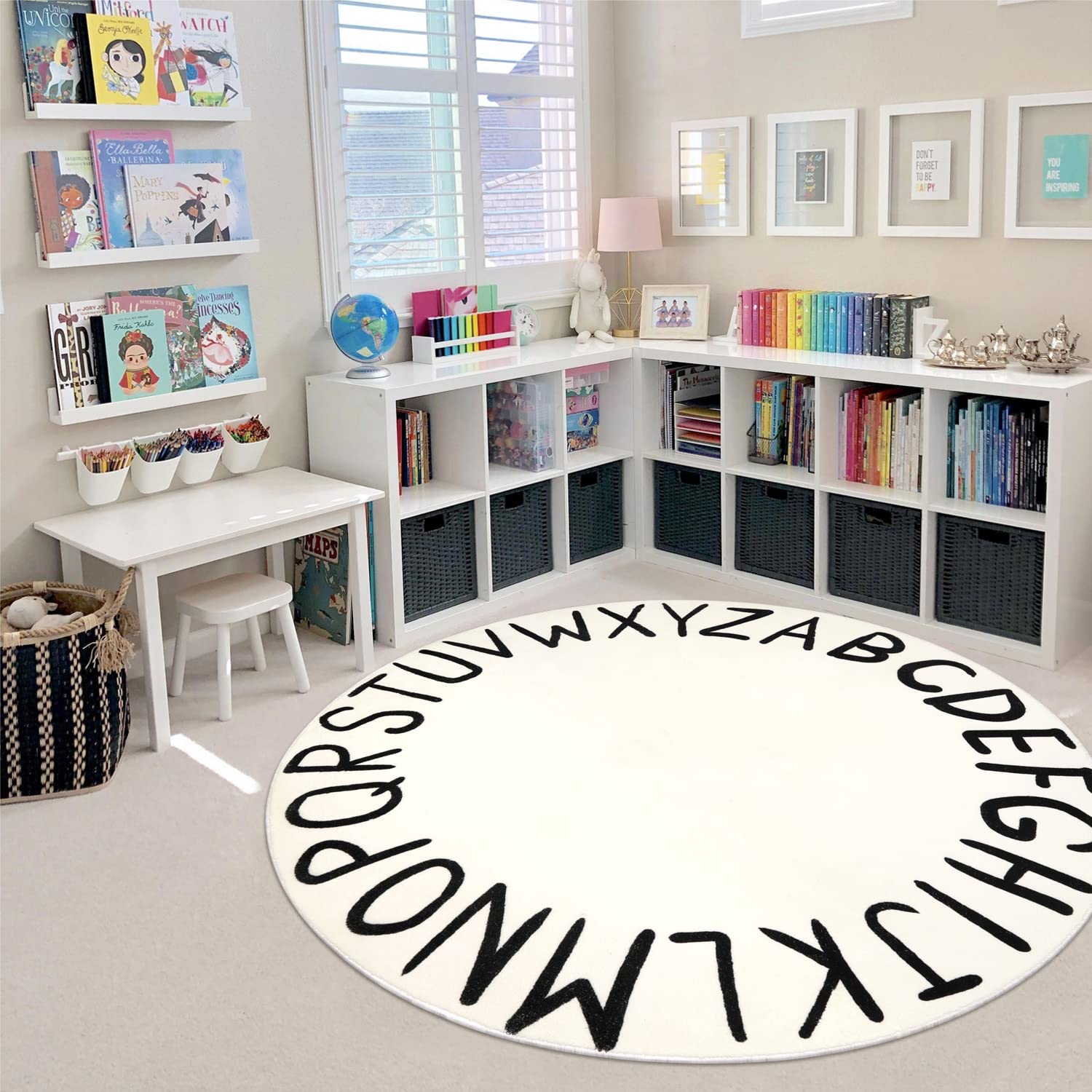 LIVEBOX ABC Play Room Round Kids Rug Circle for Playroom, Learning Nursery Rug Alphabet Washable Rug for Baby Boy and Girl Bedroom, Non-Slip Educationa Carpet for Toddlers (59",Black,Beige)