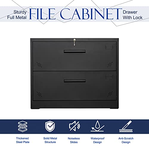 2 Drawer Lateral File Cabinet for Home Office, Filing Cabinets with Lock, Solid Stainless Steel Metal Storage Cabinet for Hanging Legal/Letter/F4/A4 Size Files, Assembly Required (Black)