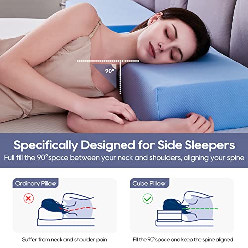 Cube Pillow for Side Sleepers 24"x12"x5" Memory Foam Rectangle Pillow Support Neck and Shoulder for Pain Relief, Thick Bed Pillow for Sleeping with Removable Cover - King, Queen, Square | Blue