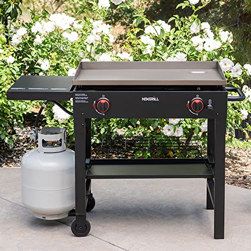 Nexgrill 2-Burner Propane Gas Griddle, 38,000BTUs, 514 sq. in. Flat Top for Outdoor Cooking, Patio, Tailgating, and Backyards, Cart with Caster, Side Shelves, Black, 720-0785