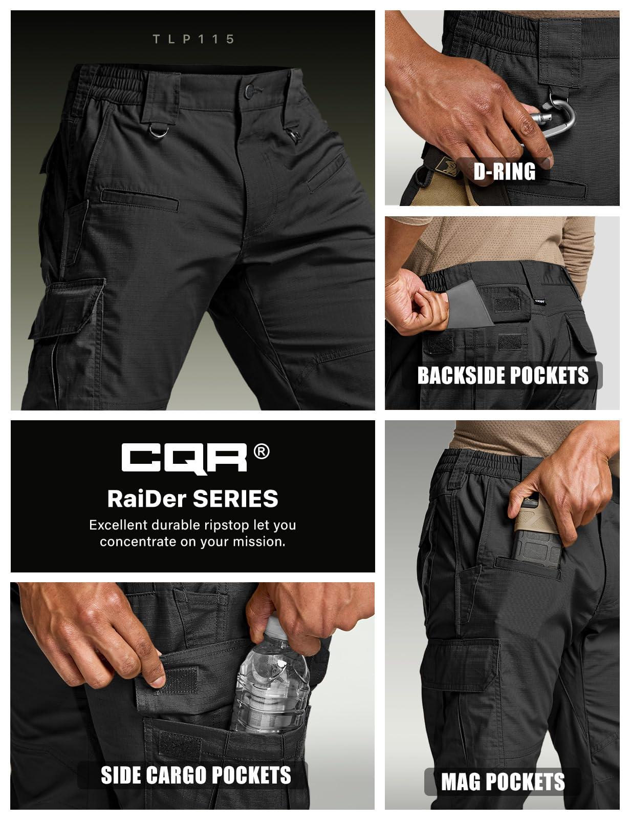CQR CLSX Men's Tactical Pants, Water Resistant Ripstop Cargo Pants, Lightweight EDC Work Hiking Pants, Outdoor Apparel, Duratex Black, 38W x 30L