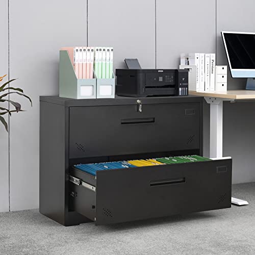 2 Drawer Lateral File Cabinet for Home Office, Filing Cabinets with Lock, Solid Stainless Steel Metal Storage Cabinet for Hanging Legal/Letter/F4/A4 Size Files, Assembly Required (Black)