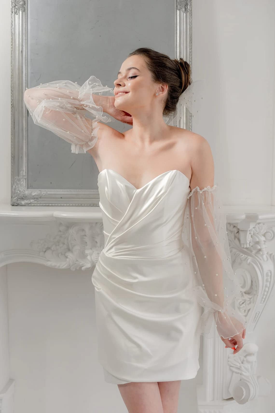 Detachable Sleeves for Wedding Dresses Pearl Tulle Illusion Removable Bridal Accessory (Ivory 03)