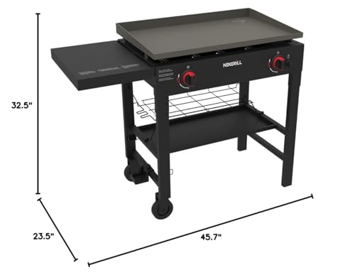 Nexgrill 2-Burner Propane Gas Griddle, 38,000BTUs, 514 sq. in. Flat Top for Outdoor Cooking, Patio, Tailgating, and Backyards, Cart with Caster, Side Shelves, Black, 720-0785