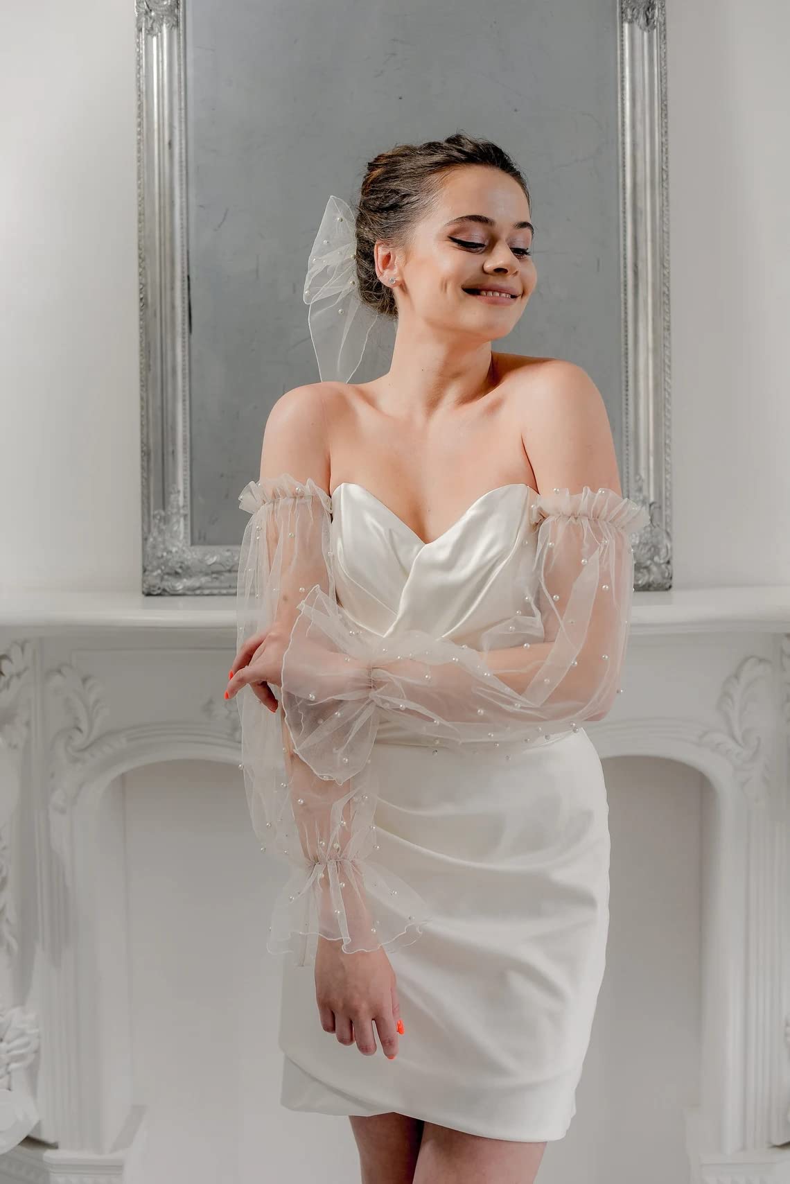 Detachable Sleeves for Wedding Dresses Pearl Tulle Illusion Removable Bridal Accessory (Ivory 03)
