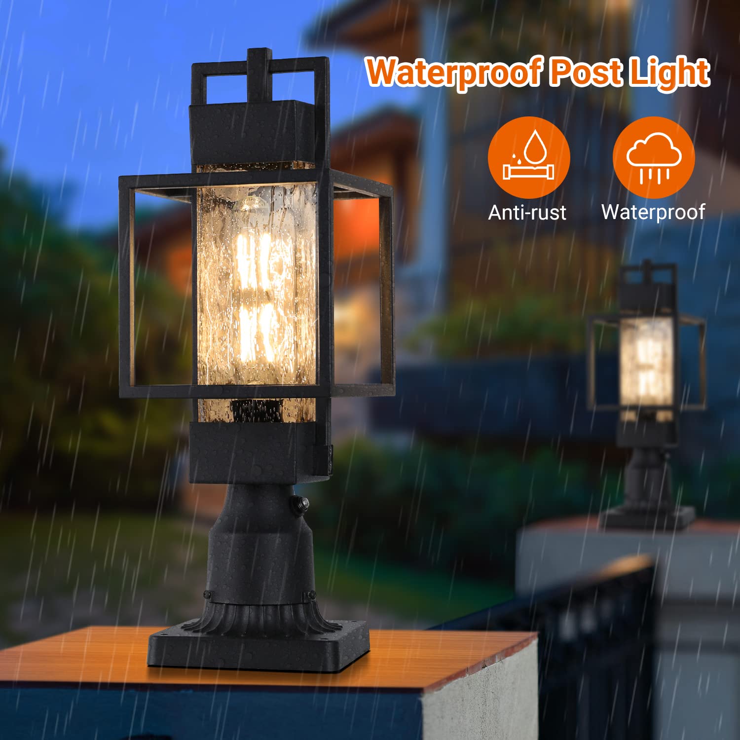 18" H Dusk to Dawn Outdoor Post Light Fixture Hardwired 120V, Waterproof Aluminum Pole Light with Pier Mount Base, Matte Black Exterior Lamp Post Lantern with Water Glass for Garden Yard Patio Path