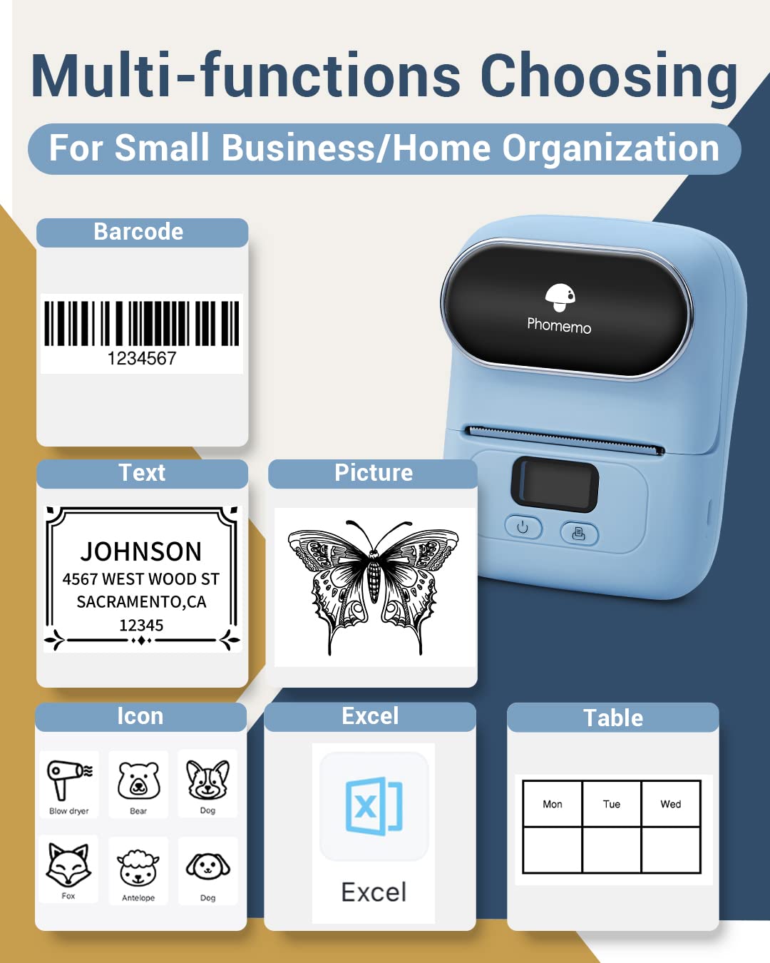 Phomemo Barcode Label Printer- M110 Label Maker Portable Bluetooth Label Maker Machine for Small Business, Barcode, Address, Logo, Clothing, Jerwery, Compatible with iOS & Android, Blue
