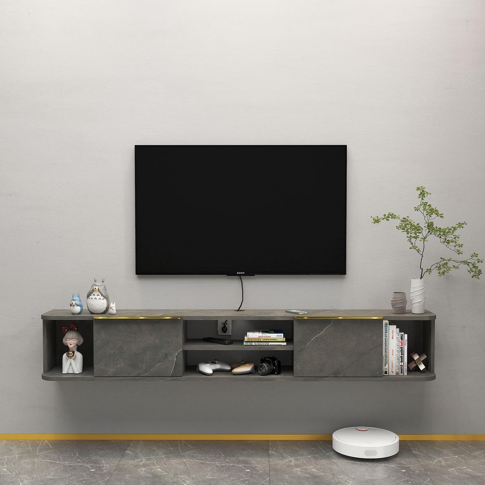 Pmnianhua Floating TV Stand with 2 Drawers,63'' Wall Mounted Floating TV Shelf,Floating Shelf for Under TV,Floating TV Unit with Storage for Bedroom Living Room(Grey)
