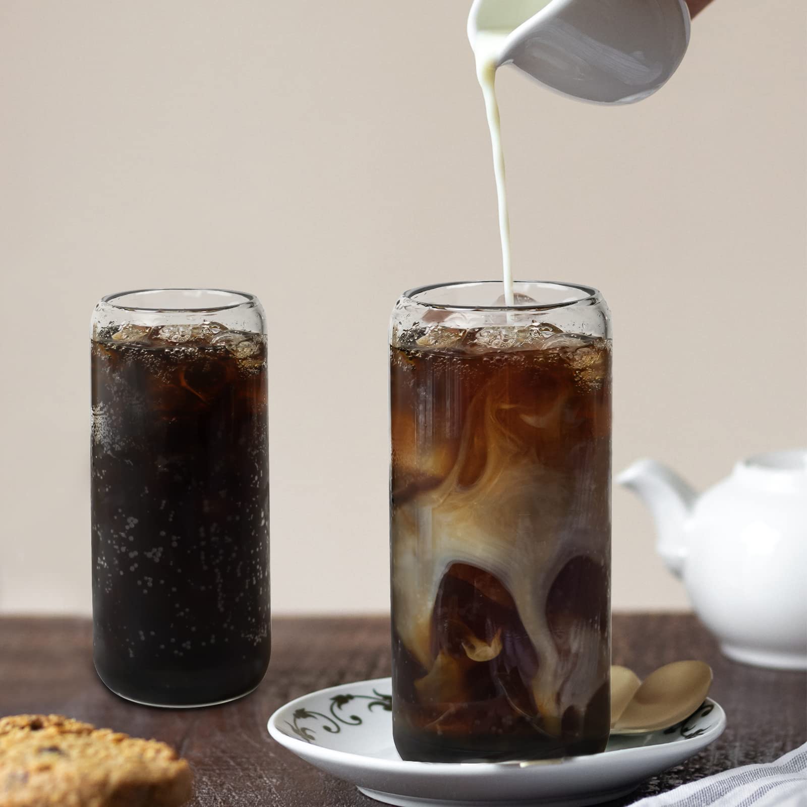 Fenspeed 2pcs Glass Cups with Lids and Straws Beer Can Drinking Glasses Set 20oz Iced Coffee Glasses Reusable Travel Tumbler Cup for Boba Smoothie Juice