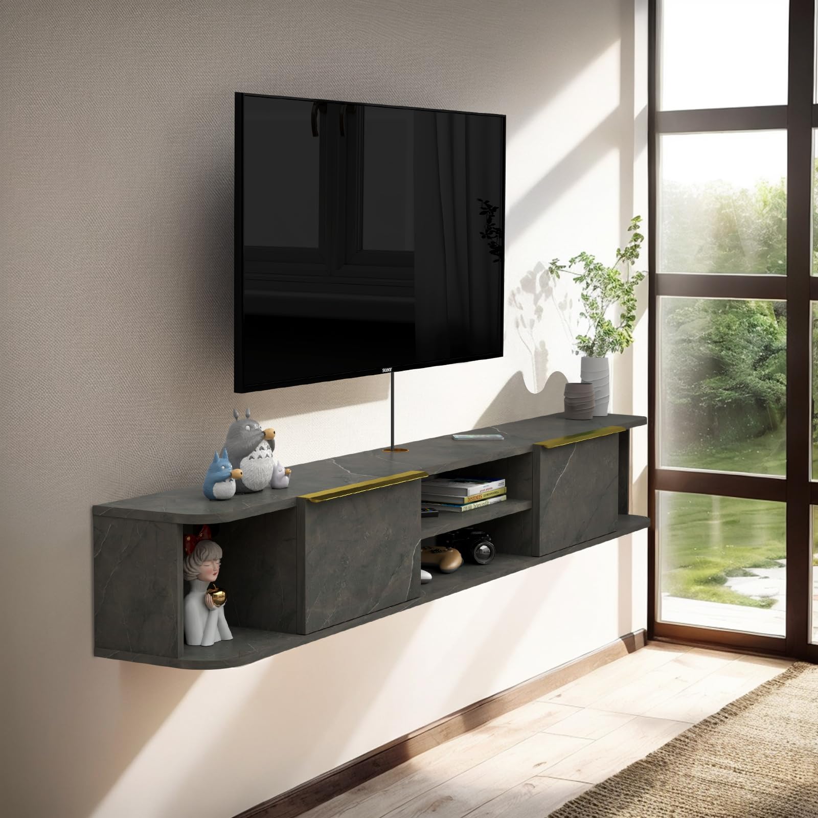 Pmnianhua Floating TV Stand with 2 Drawers,63'' Wall Mounted Floating TV Shelf,Floating Shelf for Under TV,Floating TV Unit with Storage for Bedroom Living Room(Grey)