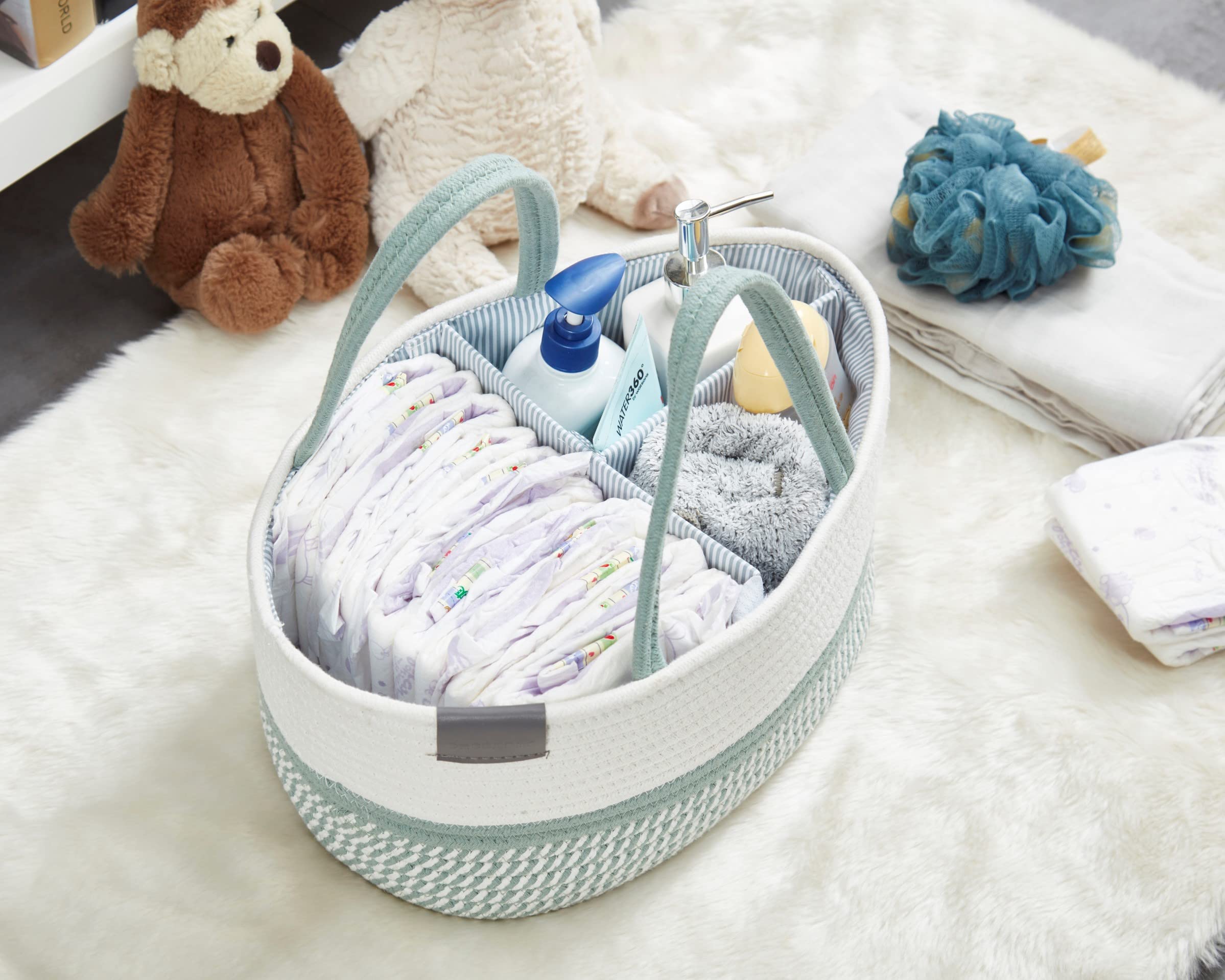 DECOMOMO Green Diaper Caddy, Nappy Caddy, Woven Baby Basket (Sage Green & White, Large)