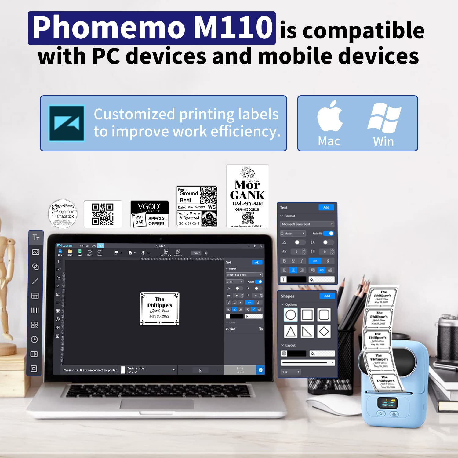 Phomemo Barcode Label Printer- M110 Label Maker Portable Bluetooth Label Maker Machine for Small Business, Barcode, Address, Logo, Clothing, Jerwery, Compatible with iOS & Android, Blue