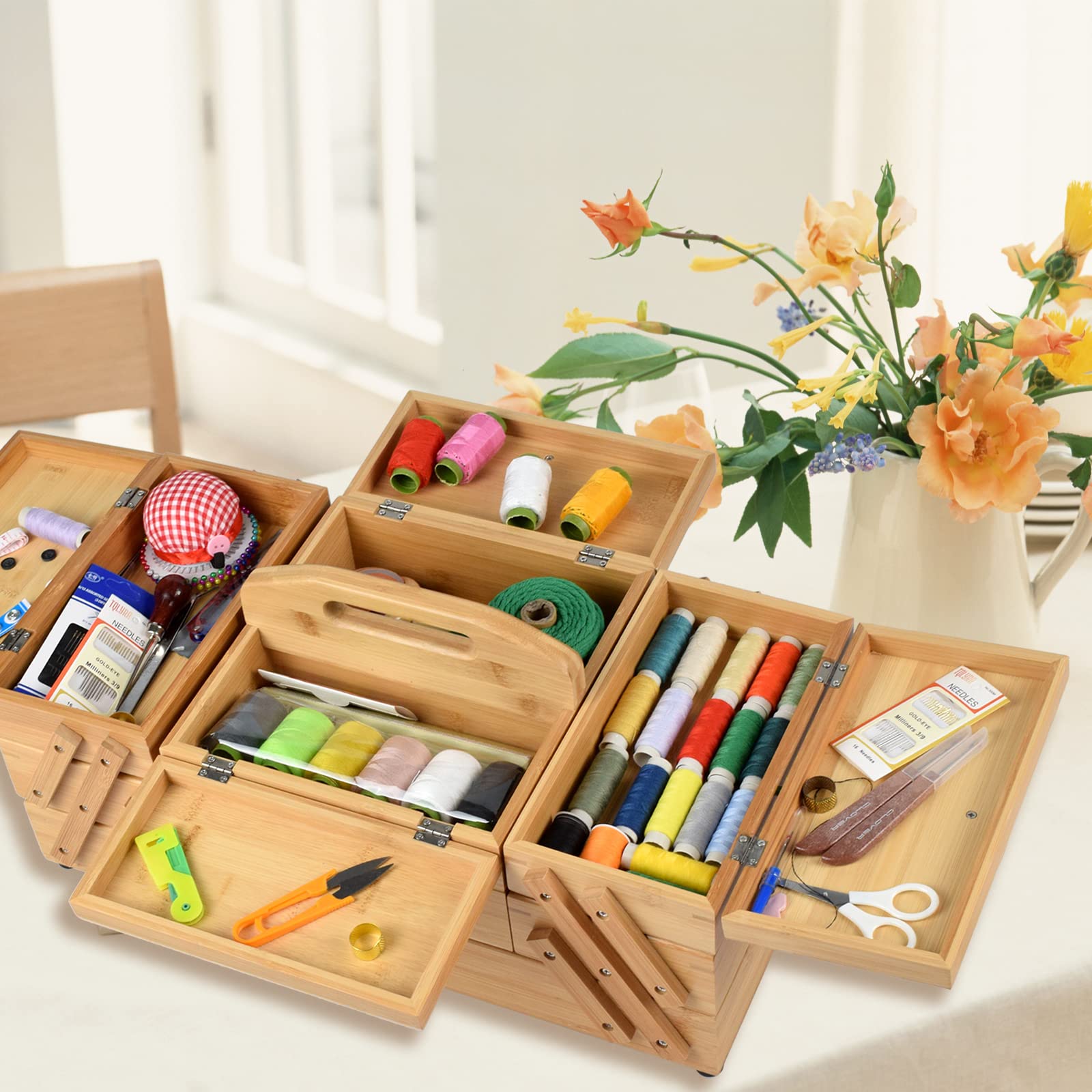 Adolfo Design Wooden Sewing Box Organizer for Sewing Supplies,Sewing Crafting Hobby Storage Box, 3 Tier Drawers for Craft Tools, Needles Assorted
