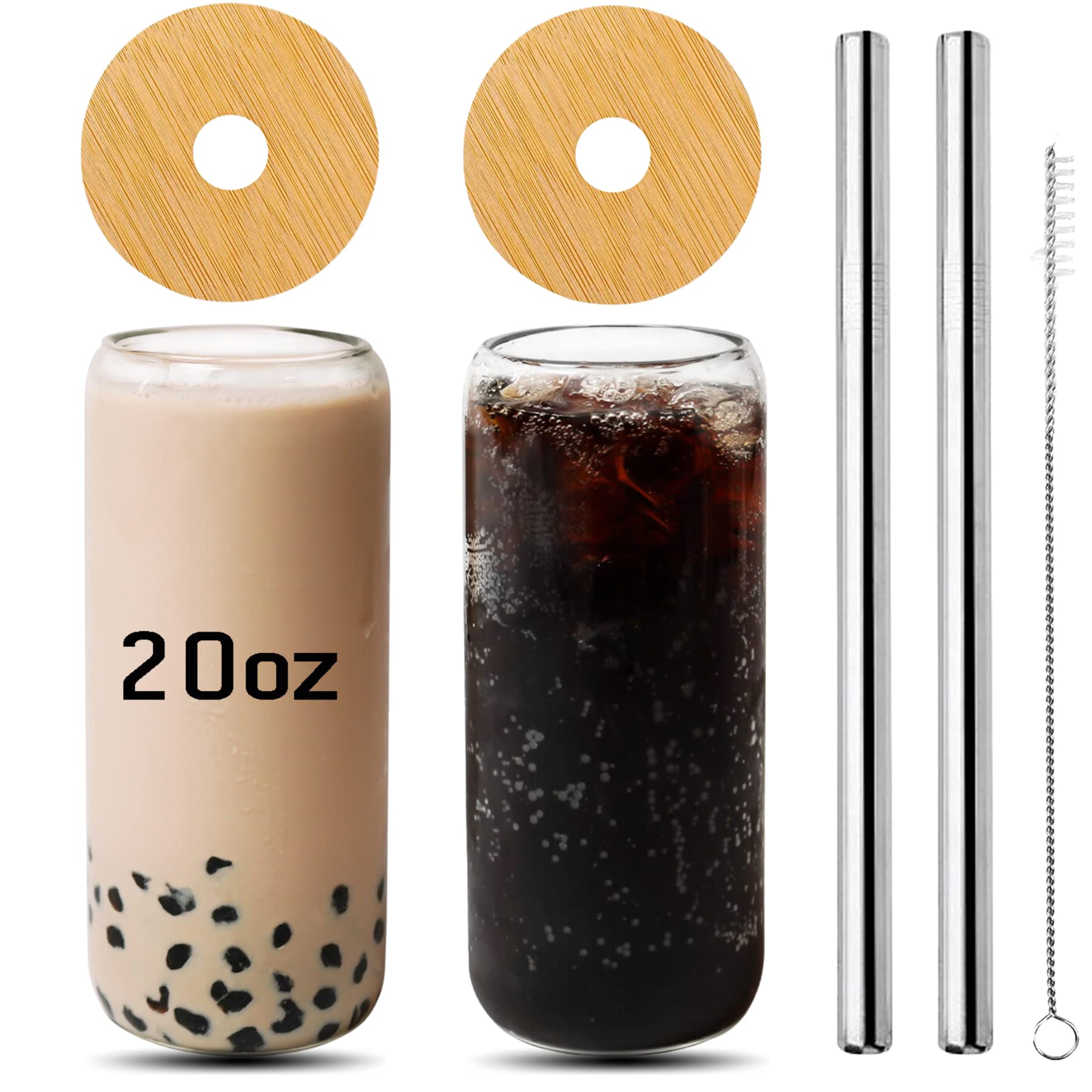 Fenspeed 2pcs Glass Cups with Lids and Straws Beer Can Drinking Glasses Set 20oz Iced Coffee Glasses Reusable Travel Tumbler Cup for Boba Smoothie Juice