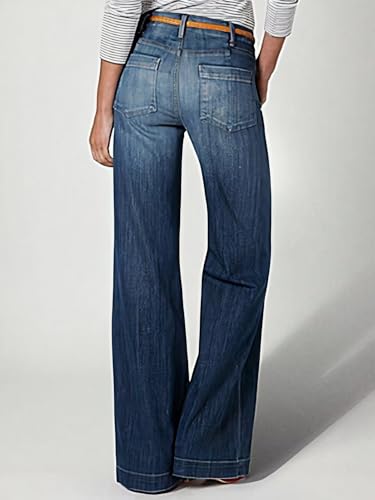 Flamingals Wide Leg Jeans for Women Stretch Low Waist Baggy Jeans Boot Cut Jeans Flare Leg Denim Pants Without Belt Wash Navy Blue S
