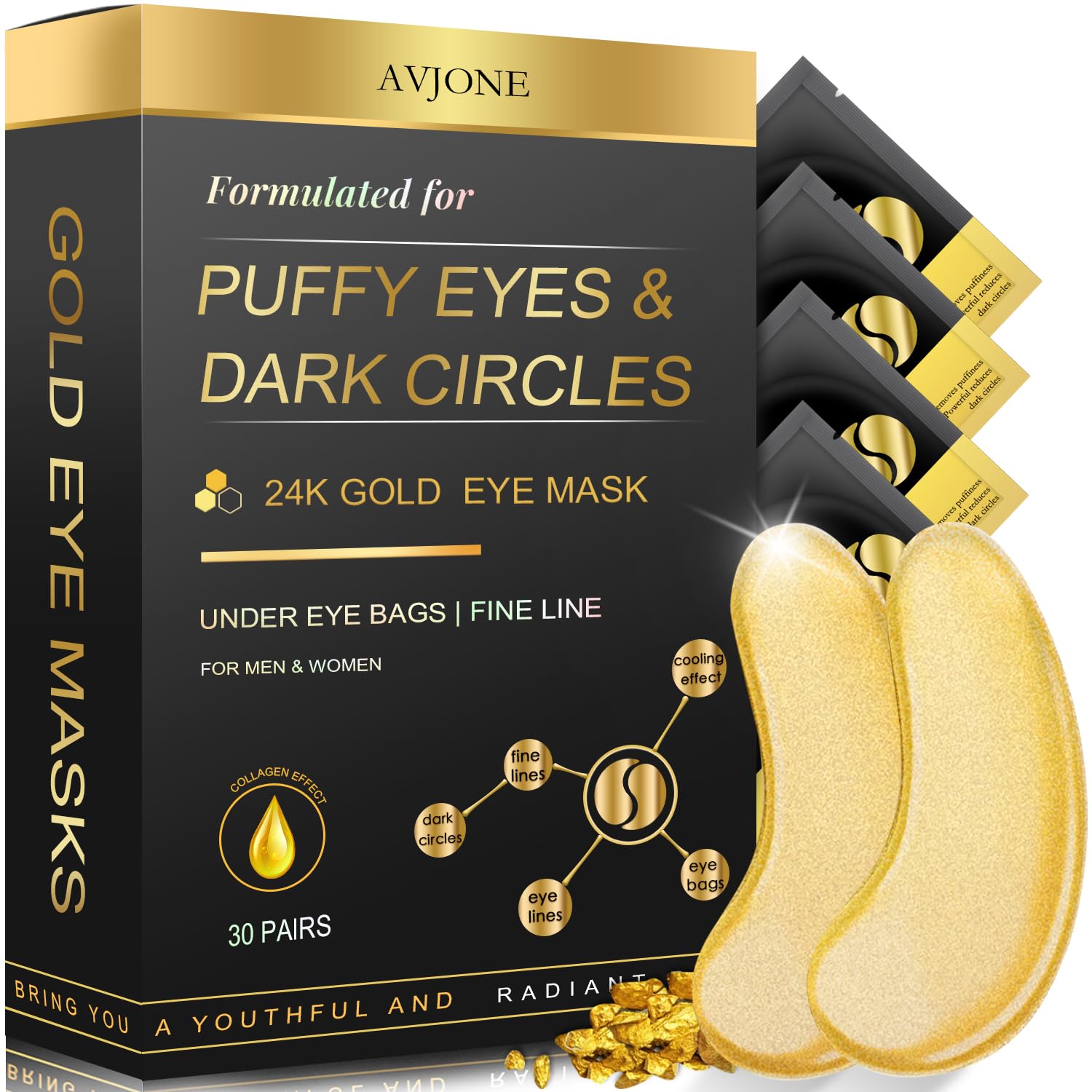 AVJONE 24K Gold Eye Mask (30 Pairs) – Puffy Eyes and Dark Circles Treatments – Relieve Pressure and Reduce Wrinkles, Revitalize & Refresh Your Skin